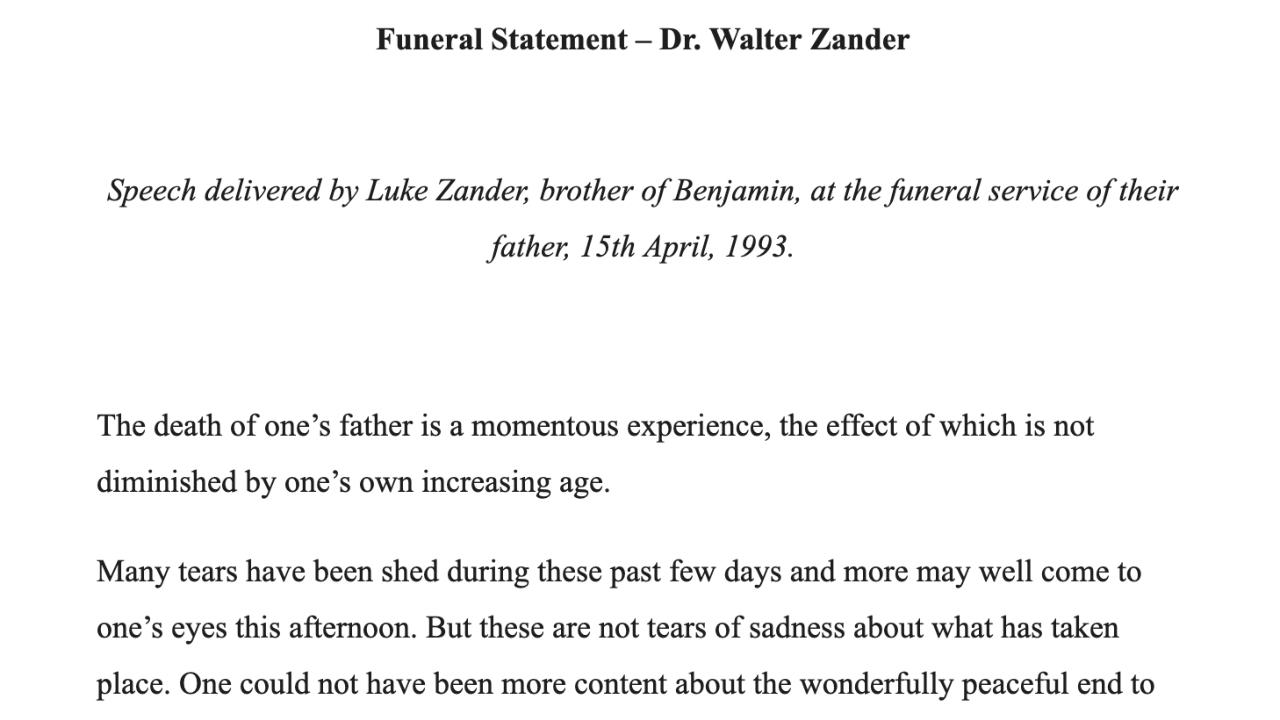Funeral Statement – Dr. Walter Zander - Ben Zander