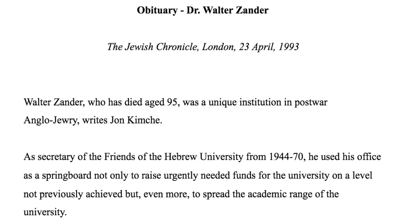 Obituary - Dr. Walter Zander (The Jewish Chronicle) - Ben Zander