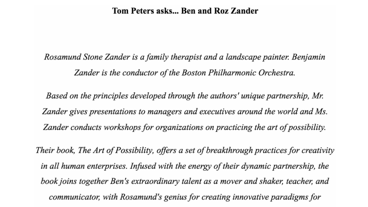 Tom Peters asks... Ben and Roz Zander - Ben Zander